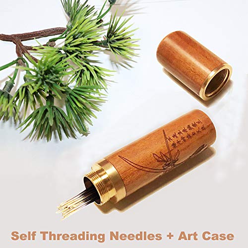 self Threading Needles, Needle Threader with Needle case Carving Pattern Golden 12 Pack