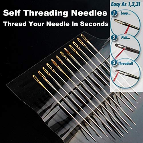 self Threading Needles, Needle Threader with Needle case Carving Pattern Golden 12 Pack