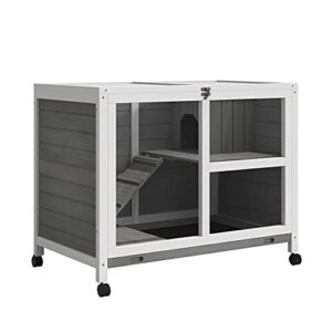 pawhut indoor rabbit hutch with wheels, desk and side table sized, wood rabbit cage, waterproof small rabbit cage, gray