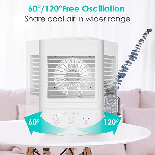 Portable Air Conditioner, 700 ML Water Tank, 5000mAh Rechargeable Battery Operated 120°Auto Oscillation Personal Mini Air Cooler with 3 Wind Speeds, 3 Cooling Levels, Perfect for Office Desk, Dorm, Bedroom and Outdoors