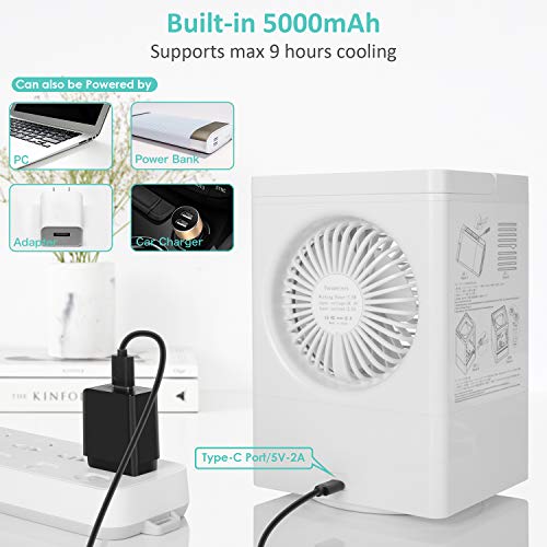 Portable Air Conditioner, 700 ML Water Tank, 5000mAh Rechargeable Battery Operated 120°Auto Oscillation Personal Mini Air Cooler with 3 Wind Speeds, 3 Cooling Levels, Perfect for Office Desk, Dorm, Bedroom and Outdoors