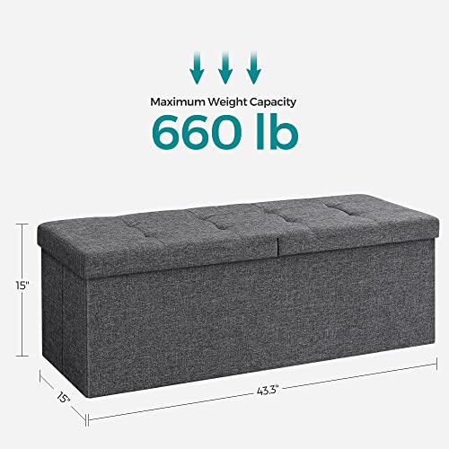 SONGMICS 31.7-Gal Storage Ottoman Bench, Folding Storage Chest, Footstool with Flip-Up Lid, Padded Seat, 43.3 x 15 x 15 Inches, Up to 660 lb, Dark Gray ULSF76GYZ