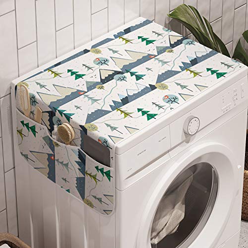 Ambesonne Winter Washing Machine Organizer, Cartoonish Snowy Landscape of Abstract Trees and Mountains with Birds Image, Anti-slip Fabric Cover for Washers and Dryers, 47" x 18.5", Multicolor