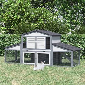 PawHut Large Rabbit Hutch Outdoor Materials Safer for Pets & Climate-Friendly, Big Rabbit Cage, Weatherproof Wood Rabbit Hutch, Grey