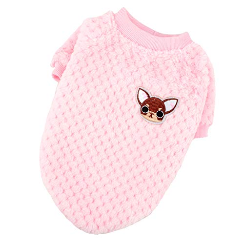 Ranphy Fleece Small Dog Pajamas Cute Fawn Embroidered Puppy Pjs Soft Full Coverage Doggie T Shirts Warm Doggy Pullover Sweater Outfits Pet Clothes for Cold Weather, Autumn Winter Apparel Pink L