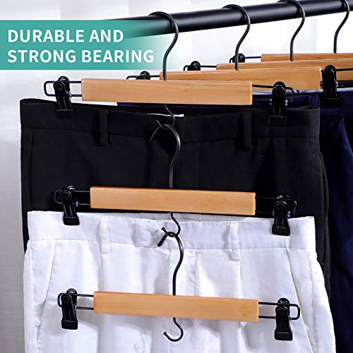 Perfecasa Premium Wooden Pants Hangers 10 Pack, Skirt Hangers with Two Sure Grip Clips, Noise Canceling Swivel Hook (Clear Natural)