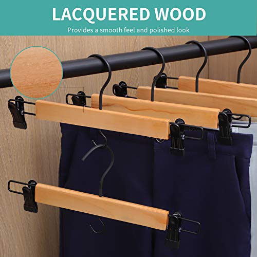 Perfecasa Premium Wooden Pants Hangers 10 Pack, Skirt Hangers with Two Sure Grip Clips, Noise Canceling Swivel Hook (Clear Natural)