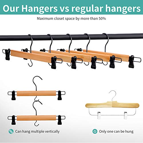 Perfecasa Premium Wooden Pants Hangers 10 Pack, Skirt Hangers with Two Sure Grip Clips, Noise Canceling Swivel Hook (Clear Natural)