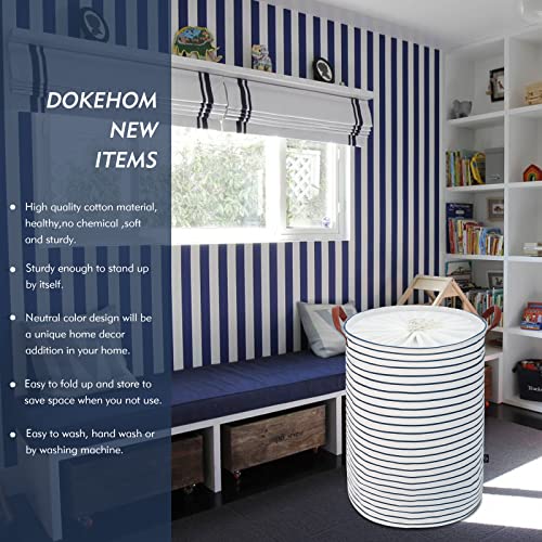 DOKEHOM 20-Inches Freestanding Laundry Basket with Lid, Collapsible Large Drawstring Clothes Hamper Storage with Handle (Blue Stripe, L)