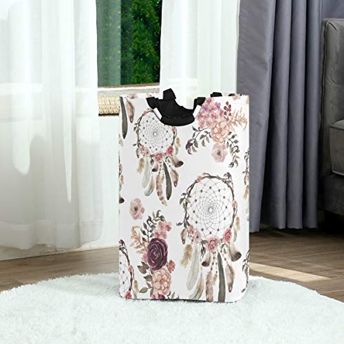 ALAZA Dream Catchers and Flowers Large Laundry Hamper Bag Collapsible with Handles Waterproof Durable Clothes Round Washing Bin Dirty Baskets Organization for Home Bathroom Dorm College