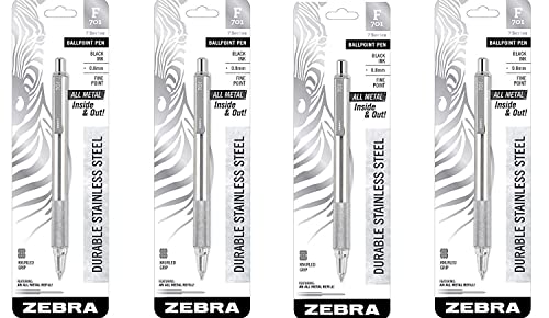 Zebra 29411 F-701 Ballpoint Stainless Steel Retractable Pen, Fine Point, 0.8mm, Black Ink (4)