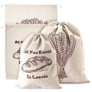 linen bread bags, pack of 4 large and extra large natural unbleached bread bags, reusable drawstring bag for loaf, homemade artisan bread storage, linen bags for food storage, ideal gift for bakers