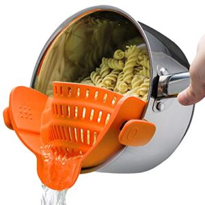 kitchen gizmo snap n strain pot strainer and pasta strainer - adjustable silicone clip on strainer for pots, pans, and bowls - kitchen colander - orange