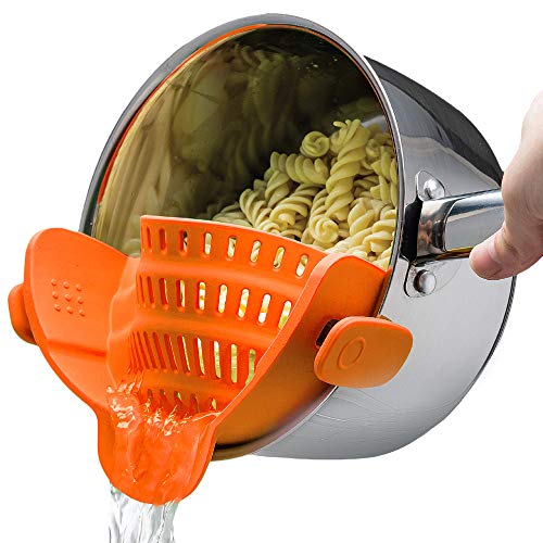 Kitchen Gizmo Snap N Strain Pot Strainer and Pasta Strainer - Adjustable Silicone Clip On Strainer for Pots, Pans, and Bowls - Kitchen Colander - Orange