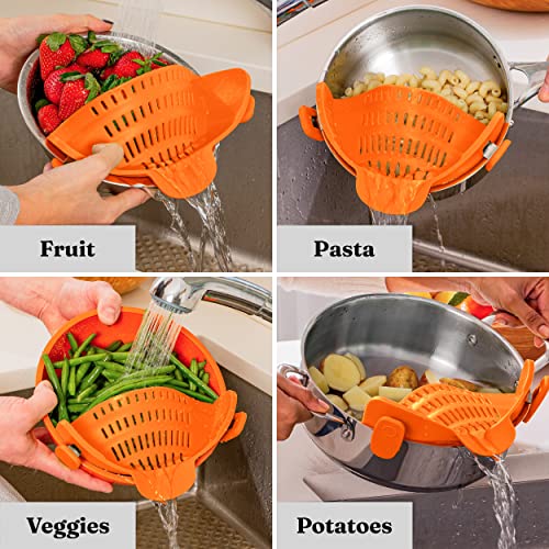 Kitchen Gizmo Snap N Strain Pot Strainer and Pasta Strainer - Adjustable Silicone Clip On Strainer for Pots, Pans, and Bowls - Kitchen Colander - Orange