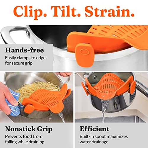 Kitchen Gizmo Snap N Strain Pot Strainer and Pasta Strainer - Adjustable Silicone Clip On Strainer for Pots, Pans, and Bowls - Kitchen Colander - Orange