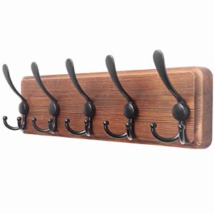 dseap coat rack wall mounted - 5 tri hooks, heavy duty, wooden wall coat hanger coat hook for clothes hat jacket clothing, natural & black