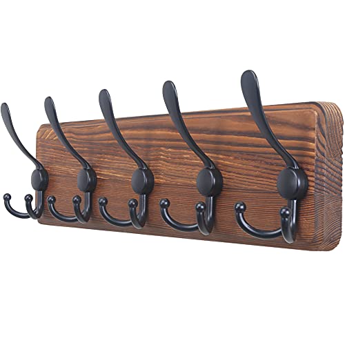 Dseap Coat Rack Wall Mounted - 5 Tri Hooks, Heavy Duty, Wooden Wall Coat Hanger Coat Hook for Clothes Hat Jacket Clothing, Natural & Black