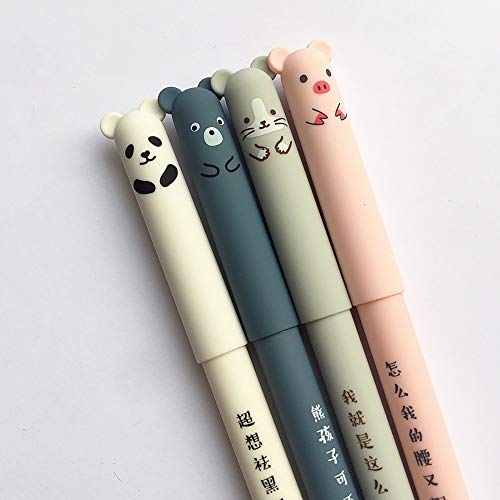 Doraking 4pcs 0.5mm Erasable Gel Pens, Cute Cartoon Animasl Refillable Gel Ink Pens, Black Grey Ink Pen for Writing Note with Box (4 Animals)