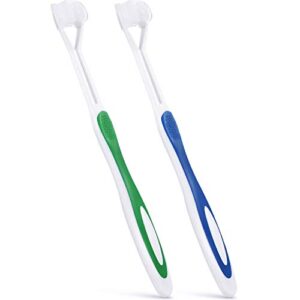 2 pieces 3 sided autism toothbrush three bristle travel toothbrush for complete teeth and gum-care, great angle bristles clean each tooth, soft/gentle (green, blue)