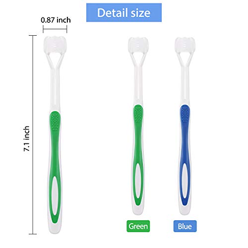 2 Pieces 3 Sided Autism Toothbrush Three Bristle Travel Toothbrush for Complete Teeth and Gum-Care, Great Angle Bristles Clean Each Tooth, Soft/Gentle (Green, Blue)