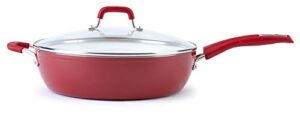 bialetti aeternum nonstick white ceramic cookware, 12" covered lid saute pan, red & white