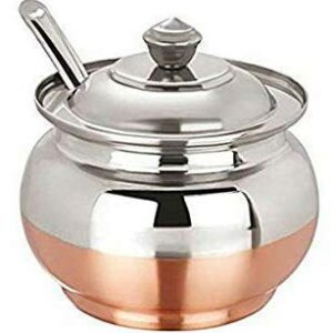 Stainless Steel ghee/Oil Pot with Copper Bottom Base Kitchen Dining Steel Storage Pot Container With Lid And Spoon Steel Food Container