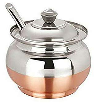 Stainless Steel ghee/Oil Pot with Copper Bottom Base Kitchen Dining Steel Storage Pot Container With Lid And Spoon Steel Food Container