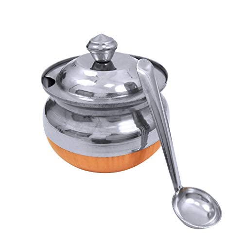 Stainless Steel ghee/Oil Pot with Copper Bottom Base Kitchen Dining Steel Storage Pot Container With Lid And Spoon Steel Food Container