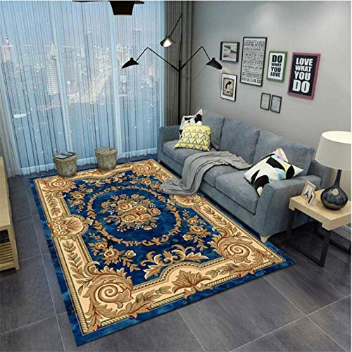 Large Traditional Oriental Rug Ultra Soft Rugs Sapphire Blue, Gold, Classical Luxury Flowers Rug Living Room Area Rugs 140x200cm