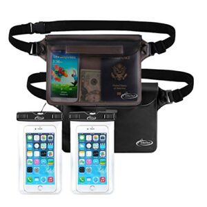 airuntech waterproof dry bag and waterproof cell phone bag for outdoor water sports, boating, hiking,kayaking,fishing (2 * phone case(clear) + 2 * fanny pack(black+gray))