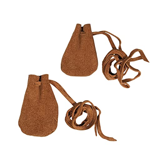 Mythrojan Native American Drawstring Medicine Bag Suede Leather Pouches Set of 2 - Brown