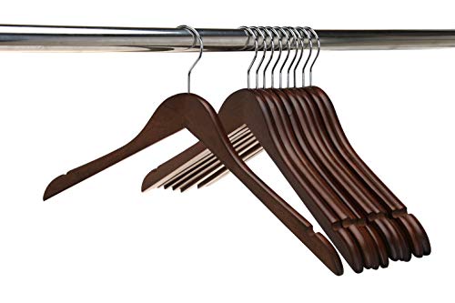 Quality Semi Curved Wooden Suit Hangers, 10-Pack Smooth Finish Solid Wood Coat Hanger with Swivel Hook, Jacket, Pant, Dress Clothes Hangers (Walnut - Chrome Hook, 10)