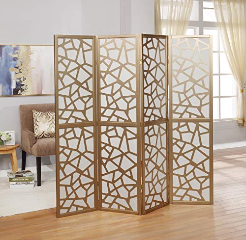 Roundhill Furniture Giyano 4 Panel Screen Room Divider, Gold