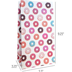 Donut Favor Bags - 24-Count Colorful Cute Donut Pattern Design Printed White Party Paper Lunch Gift Bags - Donut Party Supplies for Donut Theme Party, Kids Birthday, Party Gift - 9.5" x 5.5" x 3.25"