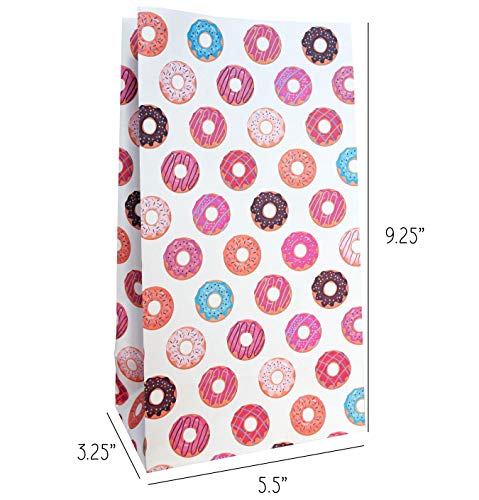 Donut Favor Bags - 24-Count Colorful Cute Donut Pattern Design Printed White Party Paper Lunch Gift Bags - Donut Party Supplies for Donut Theme Party, Kids Birthday, Party Gift - 9.5" x 5.5" x 3.25"