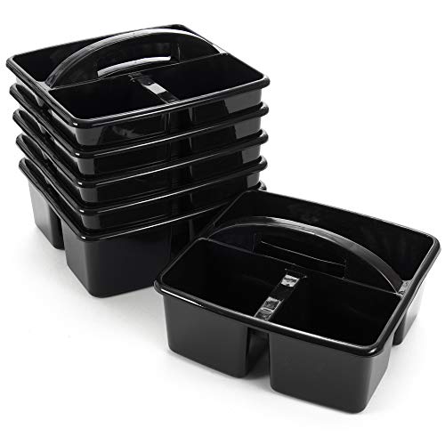 6 Black Storage Caddies - Bulk Stackable Plastic Bins with 3 Compartments & Carrying Handle for Restaurant, Business, Bar, Food Truck, Houskeeping - Utility Tote for Cleaning Supplies & Spray Bottles