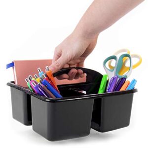 6 Black Storage Caddies - Bulk Stackable Plastic Bins with 3 Compartments & Carrying Handle for Restaurant, Business, Bar, Food Truck, Houskeeping - Utility Tote for Cleaning Supplies & Spray Bottles