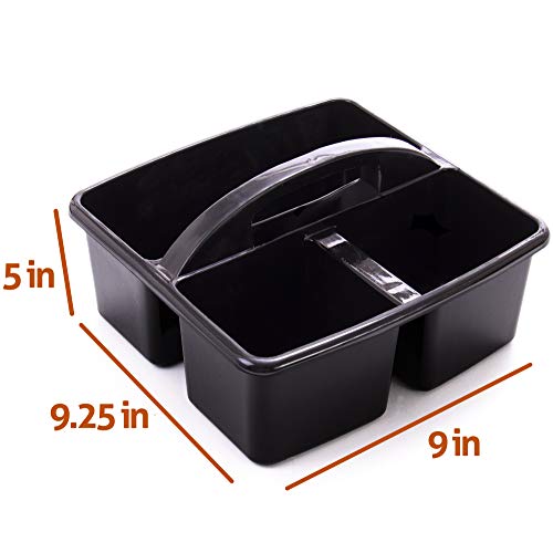 6 Black Storage Caddies - Bulk Stackable Plastic Bins with 3 Compartments & Carrying Handle for Restaurant, Business, Bar, Food Truck, Houskeeping - Utility Tote for Cleaning Supplies & Spray Bottles