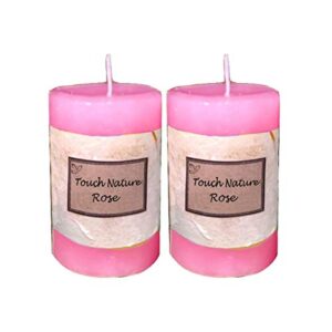 touch nature rose essential oil scented aromatherapy fragrant pink handmade candle. hand poured rustic home décor pillar candles. decorated with handmade nepali lokta paper. (5x7 cm, set of 2)