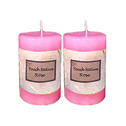 Touch Nature Rose Essential Oil Scented Aromatherapy Fragrant Pink Handmade Candle. Hand Poured Rustic Home Décor Pillar Candles. Decorated with Handmade Nepali Lokta Paper. (5x7 cm, Set of 2)