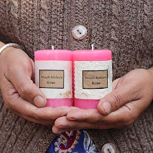 Touch Nature Rose Essential Oil Scented Aromatherapy Fragrant Pink Handmade Candle. Hand Poured Rustic Home Décor Pillar Candles. Decorated with Handmade Nepali Lokta Paper. (5x7 cm, Set of 2)