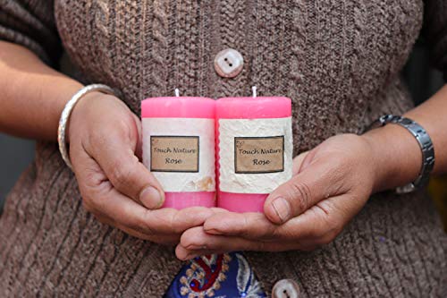 Touch Nature Rose Essential Oil Scented Aromatherapy Fragrant Pink Handmade Candle. Hand Poured Rustic Home Décor Pillar Candles. Decorated with Handmade Nepali Lokta Paper. (5x7 cm, Set of 2)