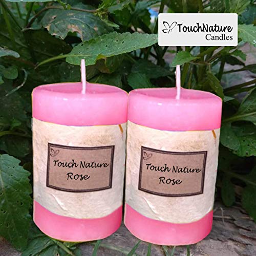 Touch Nature Rose Essential Oil Scented Aromatherapy Fragrant Pink Handmade Candle. Hand Poured Rustic Home Décor Pillar Candles. Decorated with Handmade Nepali Lokta Paper. (5x7 cm, Set of 2)