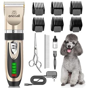 oneisall dog clippers low noise, 2-speed quiet dog grooming kit rechargeable cordless pet hair clipper trimmer shaver for small and large dogs cats animals (gold)