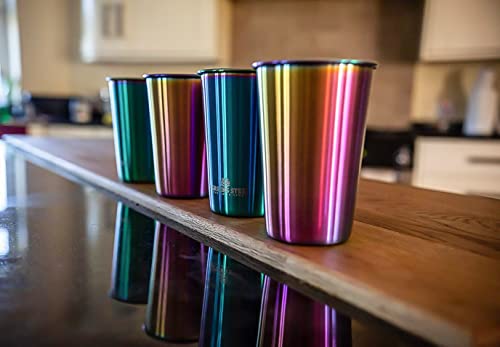 Stainless Steel Cups 16 oz Pint Tumbler (4 Pack) - Premium Metal Drinking Glasses | Stackable Durable Cup (16 oz Rainbow)