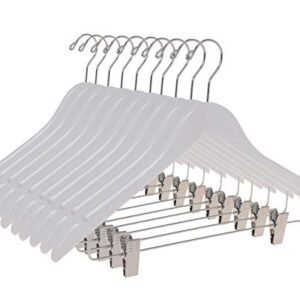 Quality Wooden Skirt Hangers with Clips, 10-Pack Smooth Solid Wood Pants Hangers with Durable Adjustable Metal Clips, Swivel Hook, Coat, Jacket, Blouse Suit Hangers (White, 10)