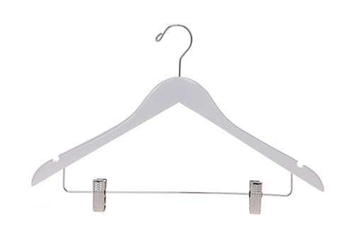 Quality Wooden Skirt Hangers with Clips, 10-Pack Smooth Solid Wood Pants Hangers with Durable Adjustable Metal Clips, Swivel Hook, Coat, Jacket, Blouse Suit Hangers (White, 10)