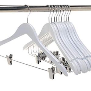 Quality Wooden Skirt Hangers with Clips, 10-Pack Smooth Solid Wood Pants Hangers with Durable Adjustable Metal Clips, Swivel Hook, Coat, Jacket, Blouse Suit Hangers (White, 10)