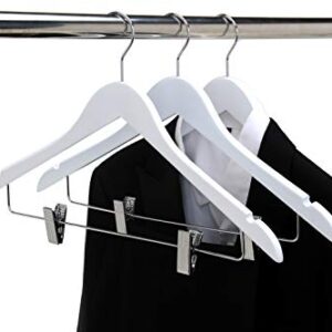 Quality Wooden Skirt Hangers with Clips, 10-Pack Smooth Solid Wood Pants Hangers with Durable Adjustable Metal Clips, Swivel Hook, Coat, Jacket, Blouse Suit Hangers (White, 10)